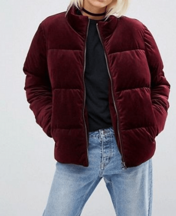 Maroon Velvet Puffer Style Jacket - The Puffer Jackets